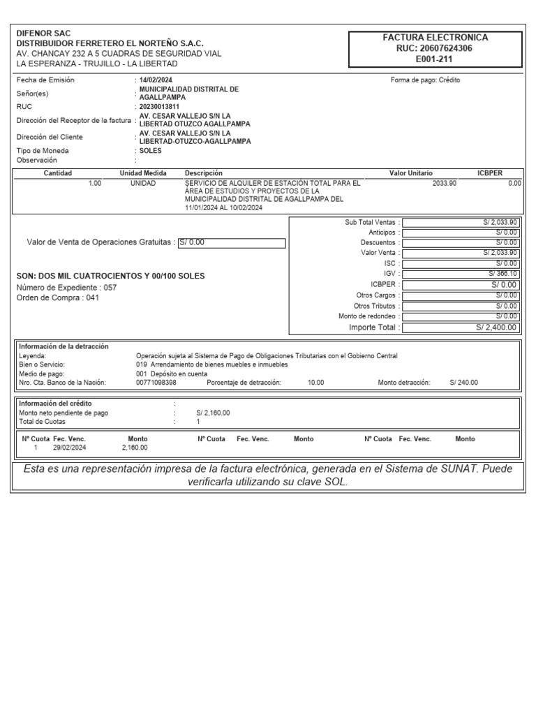 Factura E001-211 20607624306 | PDF | Servicios financieros | Dinero