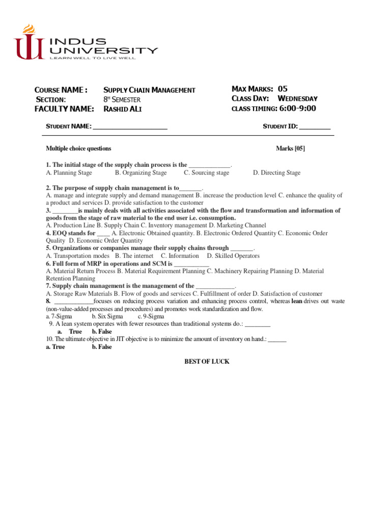 Quiz 1 SCM Spring 2024 | PDF