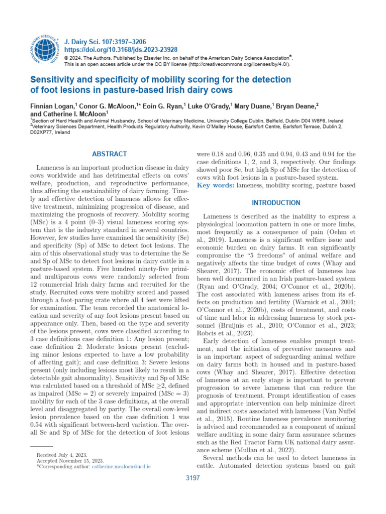 Sensitivity and Specificity of Mobility Scoring | PDF | Dairy Cattle ...