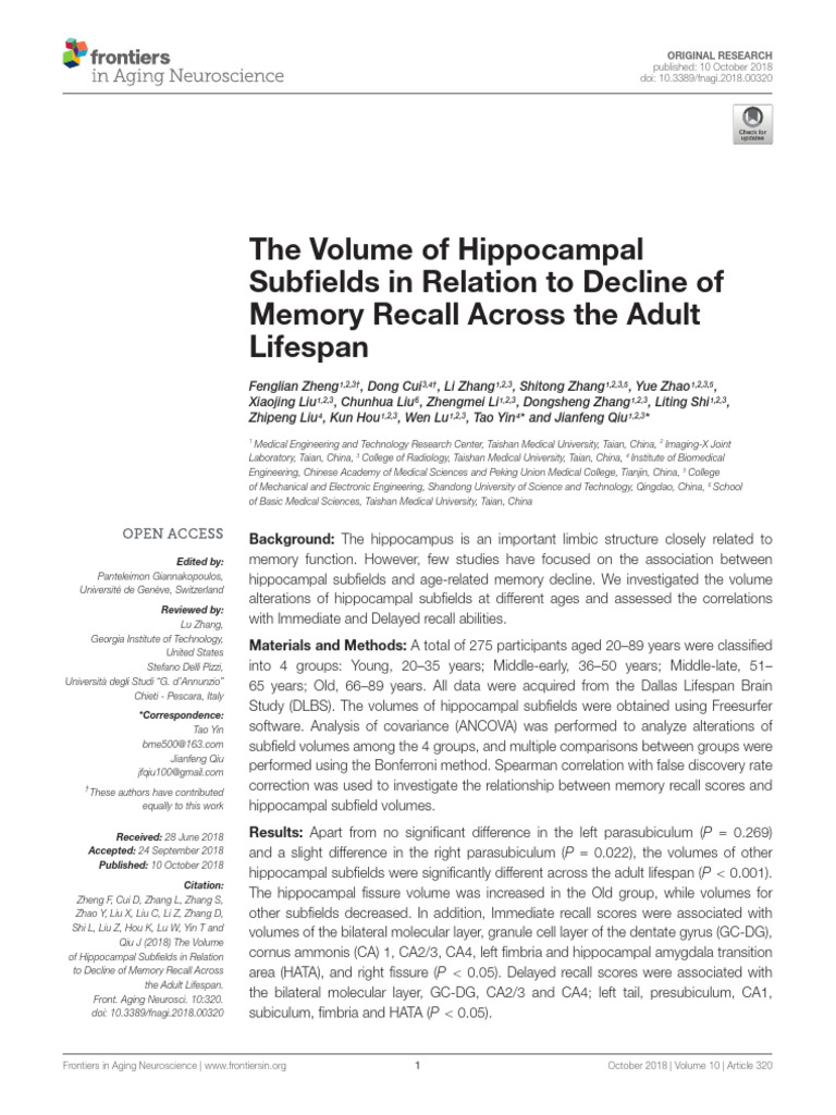The Volume of Hippocampal Subfields in Relation To | PDF | Hippocampus ...