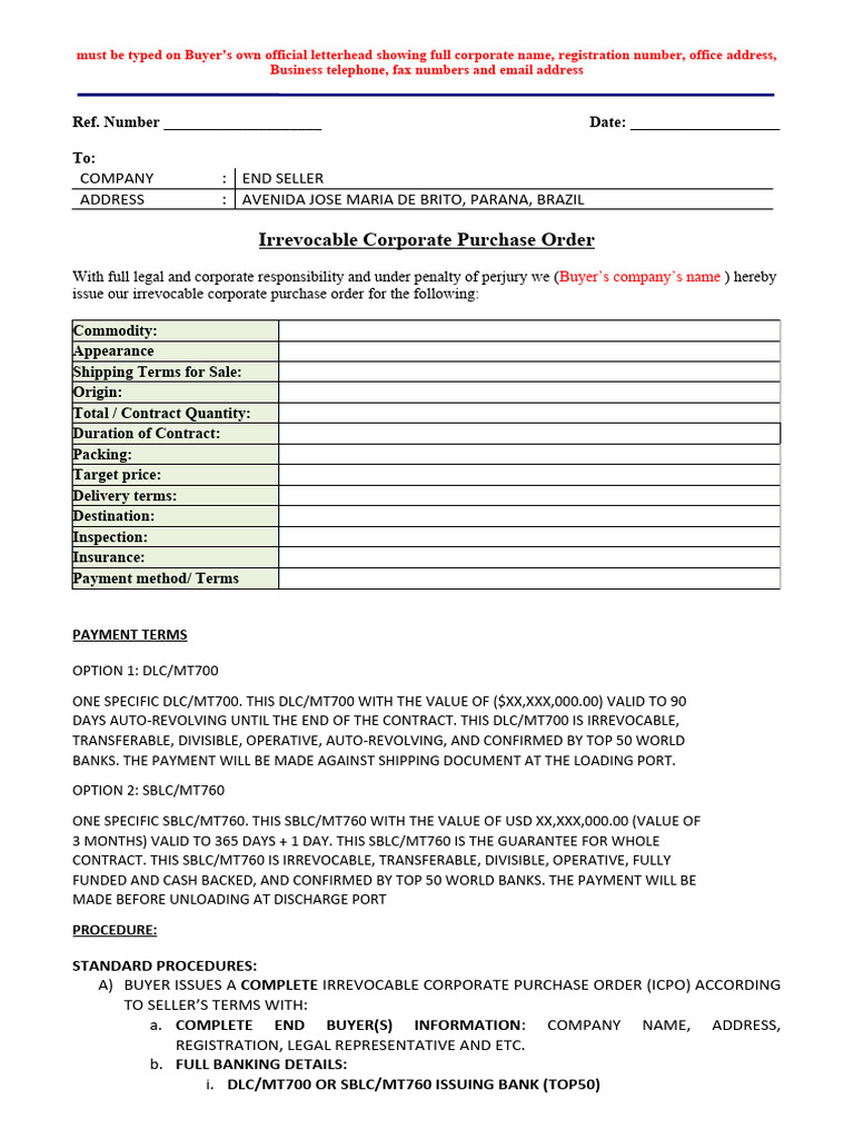 Irrevocable Corporate Purchase Order Template | PDF | Letter Of Credit ...