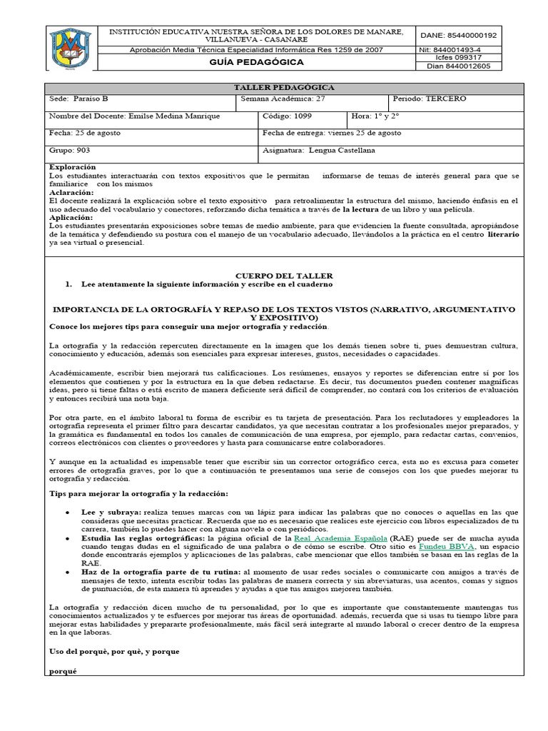 Guìa #27 Grado 903 Español | PDF | Verbo | Unidades Semánticas