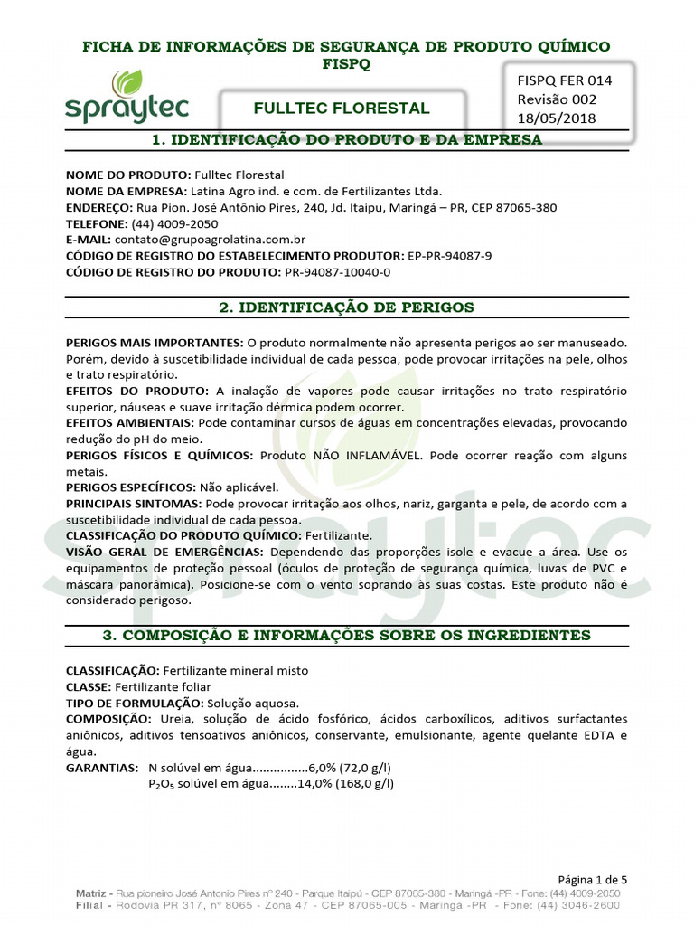 FISPQ - Fulltec Florestal - Atualizada | PDF | Química | Embalagem e ...