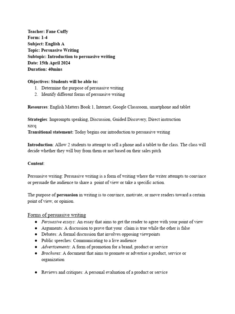 Form 1 Persuasive Writing Lesson Plans | Download Free PDF | Persuasion ...