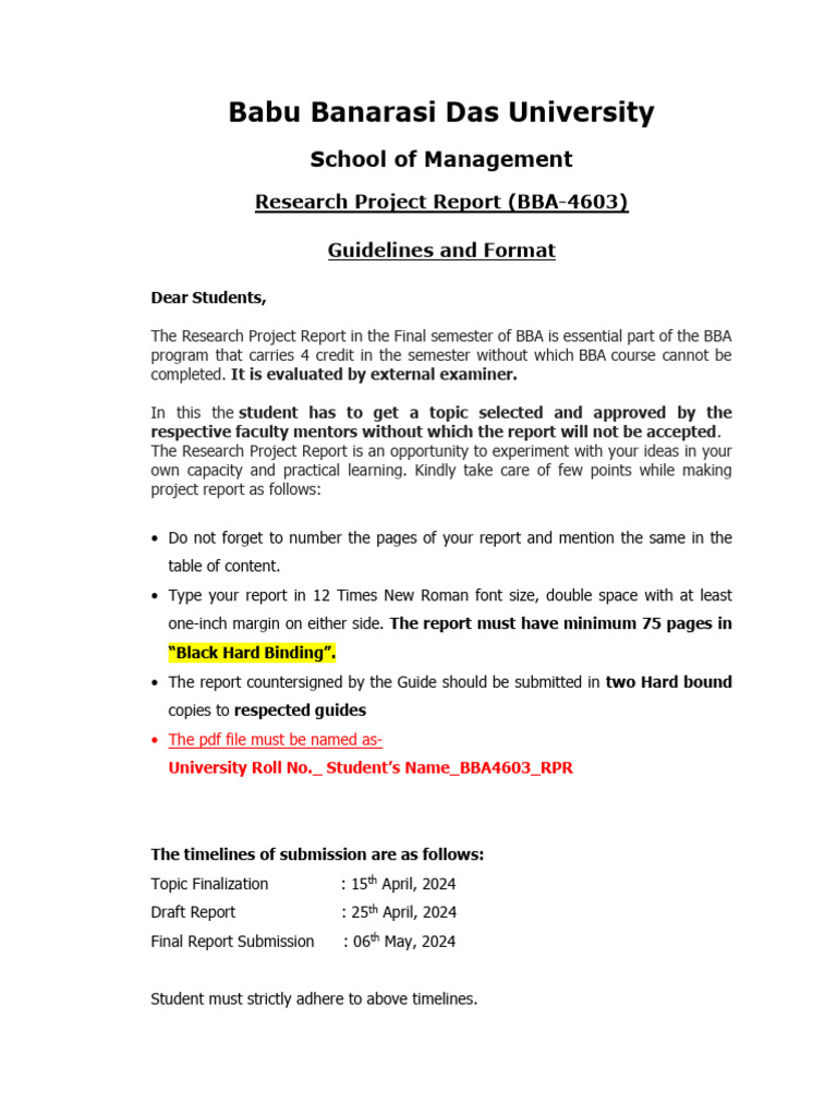 Final Research Project Report (BBA-4603) Guidelines 2024 | PDF ...