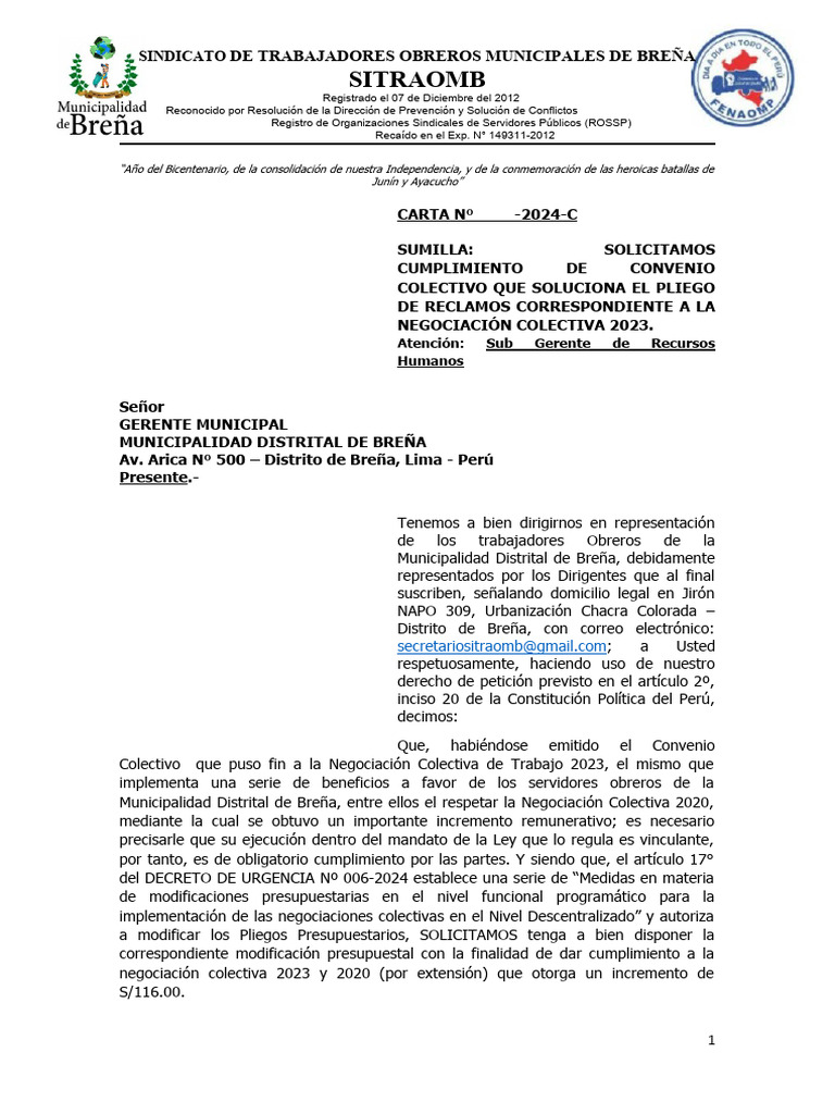 Solicitamos Cumplimiento de Incremento Remunerativo | PDF | La negociación colectiva | Costo de ...