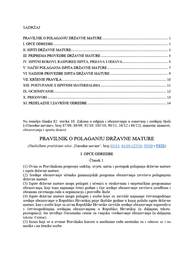 Pravilnik o Polaganju Drzavne Mature - Procisceni Tekst 2021 | PDF