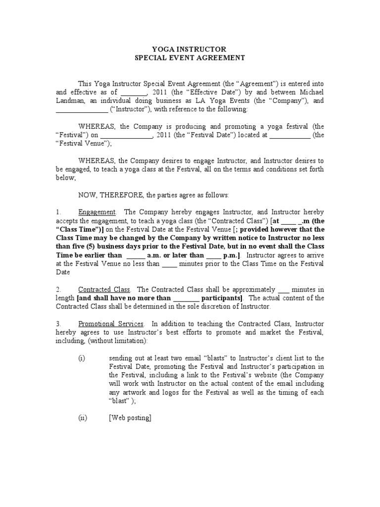Yoga Instructor Event Agreement Template | PDF | Arbitration | Mediation