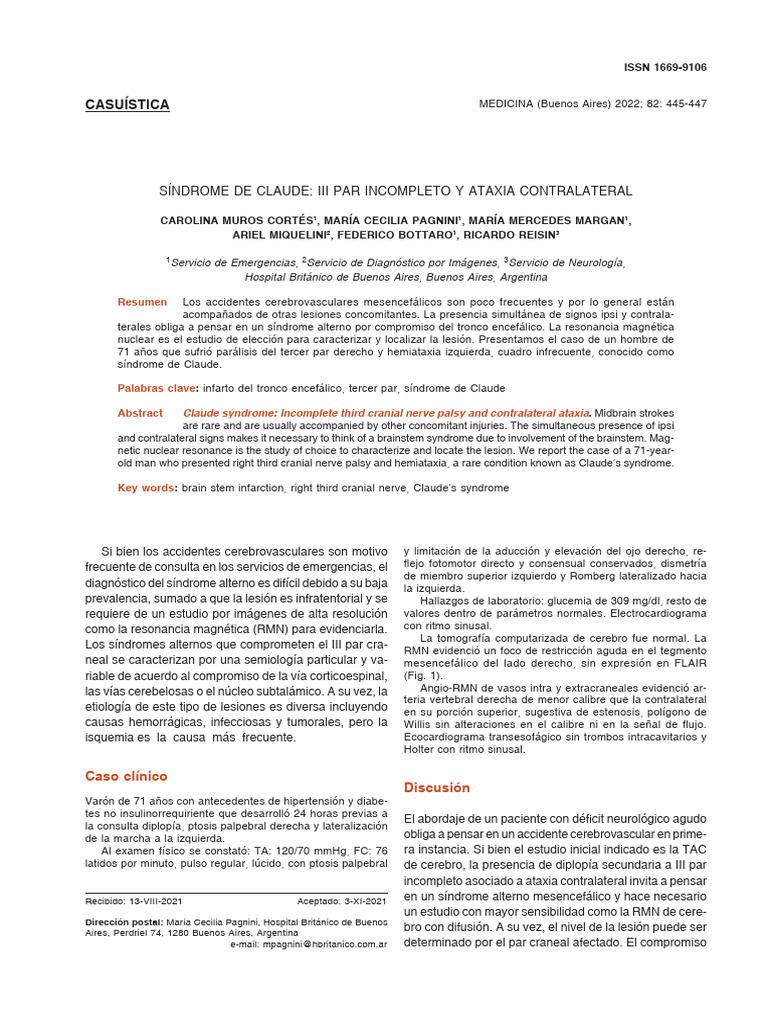 Síndrome de Claude: Iii Par Incompleto Y Ataxia Contralateral | PDF ...