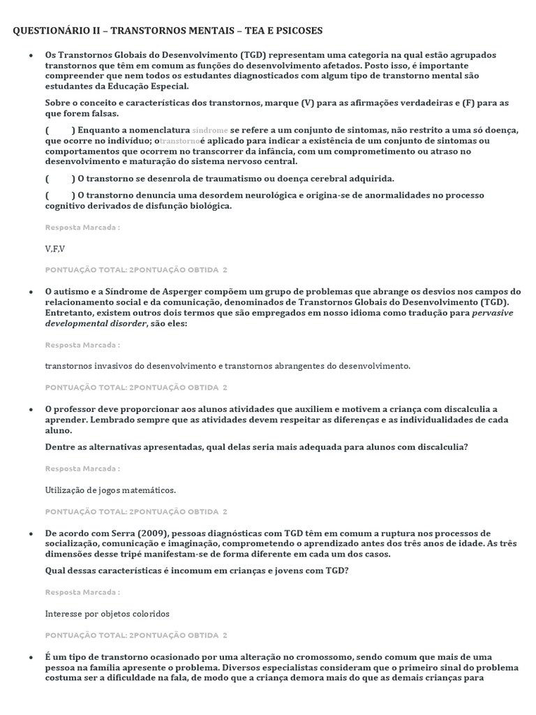 Questionário Ii - Transtornos Mentais - Tea e Psicoses | PDF | Distúrbio mental | Espectro do ...