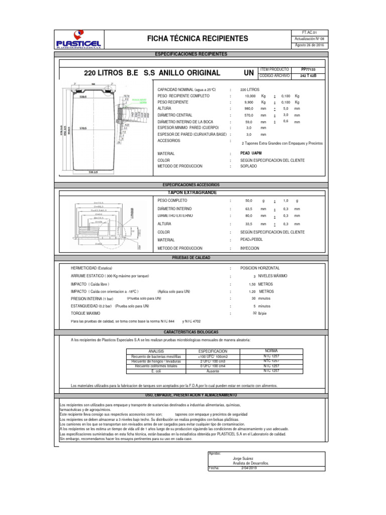Ficha Técnica Tanque 220 Litros | PDF