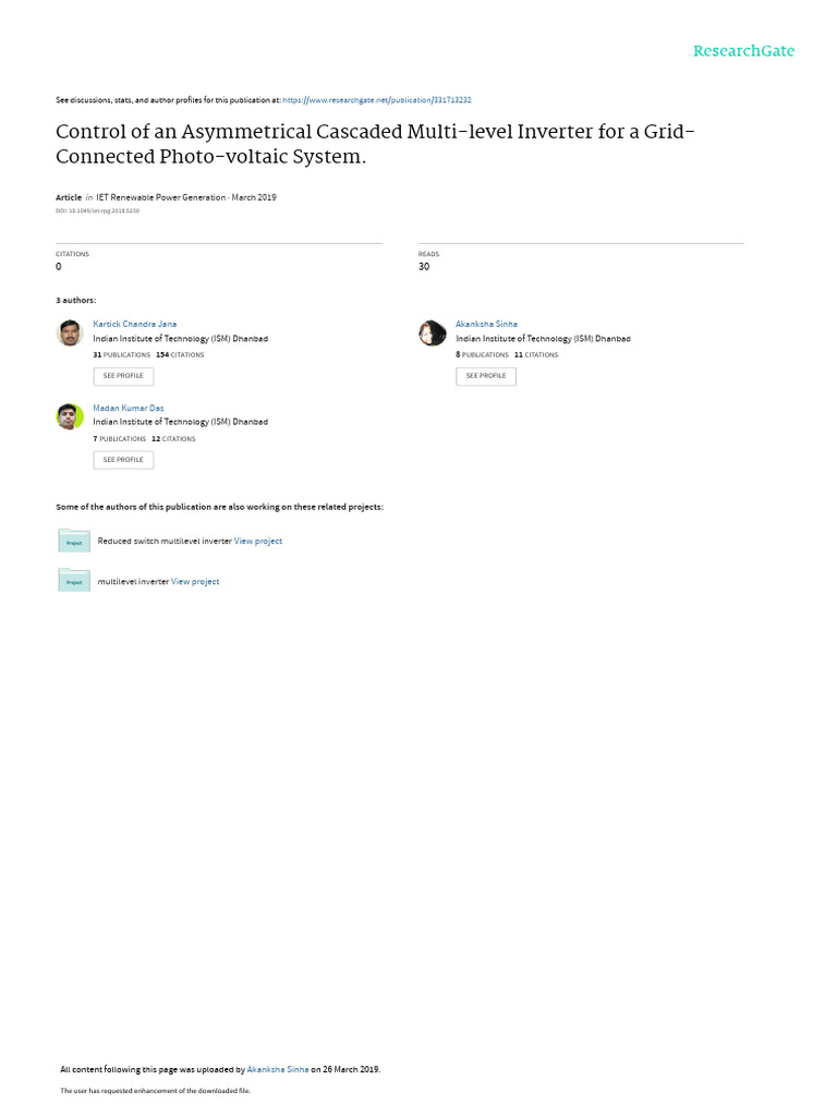 Control Of Asymmetrical Cascaded Multilevel Inverter For A Grid Connected Photovoltaic Pdf