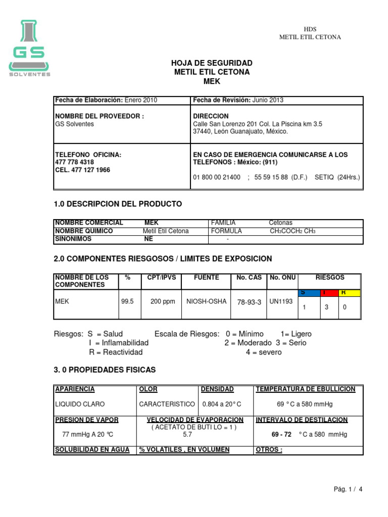 Hoja de Seguridad Metil Etil Cetona MEK | PDF | Agua | Combustión