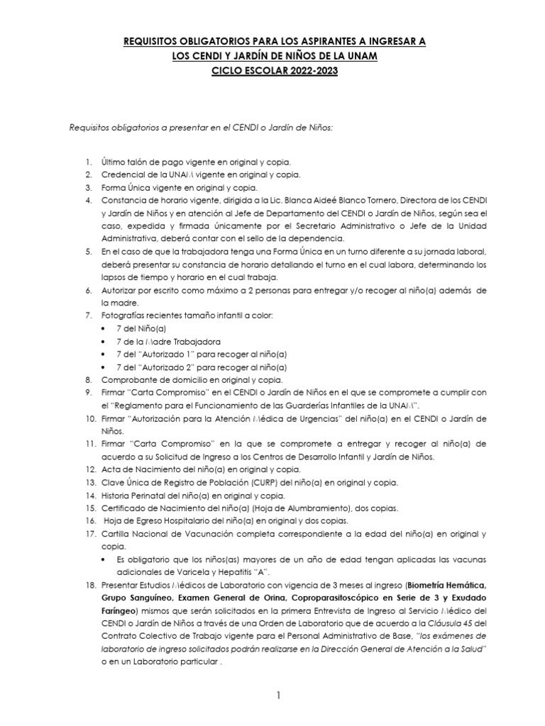 Requisitos de Ingreso a CENDI UNAM | PDF | Educación de la primera infancia