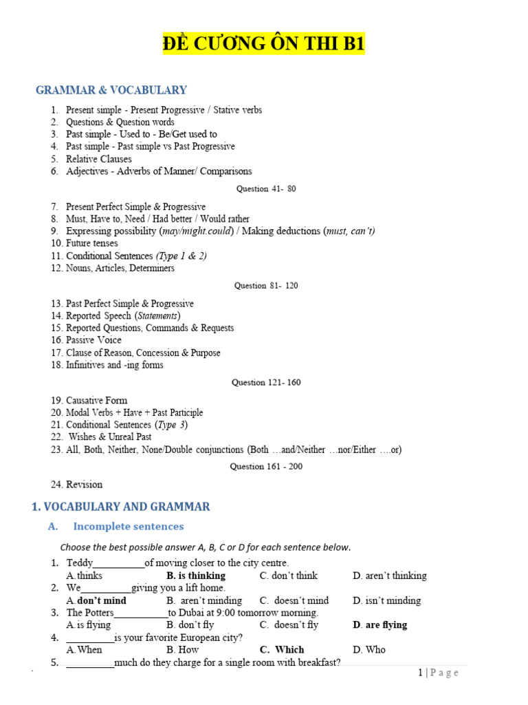 Đề Cương Ôn Thi B1: Grammar & Vocabulary | PDF | Linguistics | Grammar