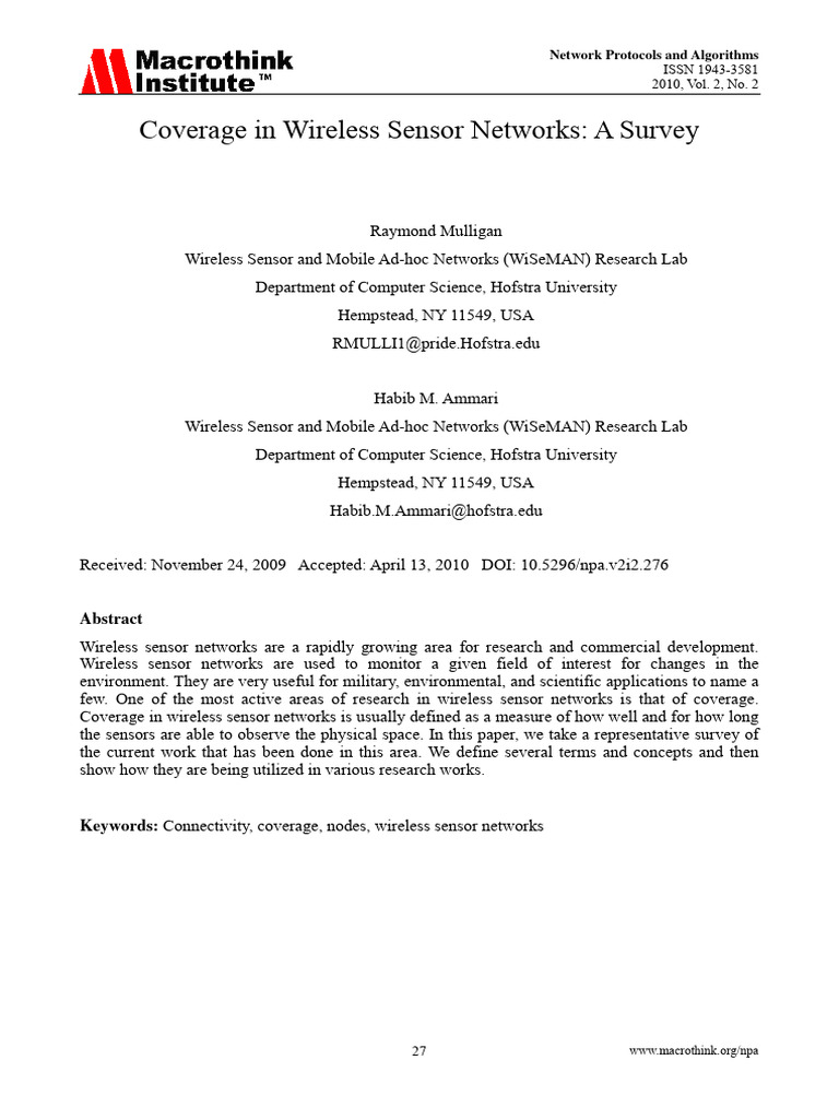 Coverage In Wireless Sensor Networks A Survey 1vmd2rjtwy Pdf Wireless Sensor Network
