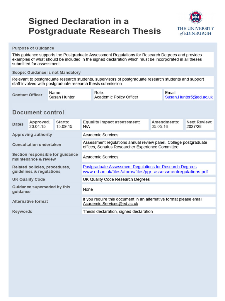 Thesis Signed Declaration | PDF | Thesis | Postgraduate Education