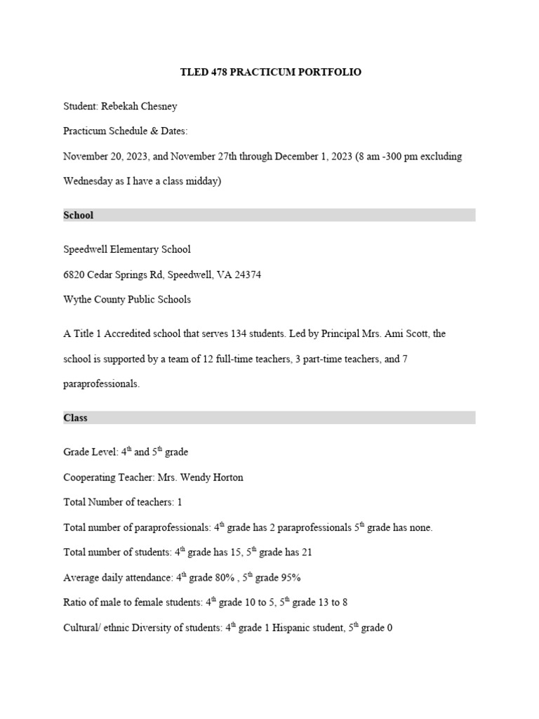 rebekah chesney tled 478 practicum portfolio | PDF | Learning | Learning Styles