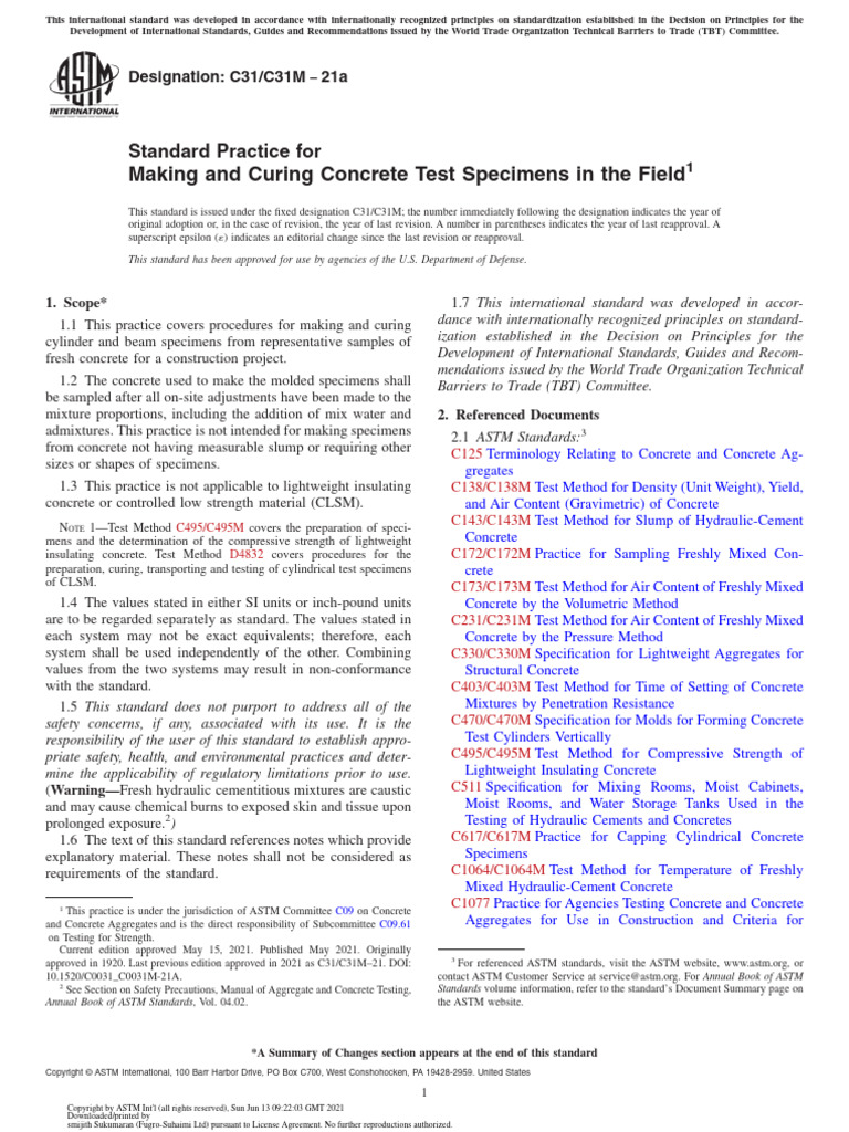 ASTM C 31 Standard Practice For Making and Curing Concrete Test ...