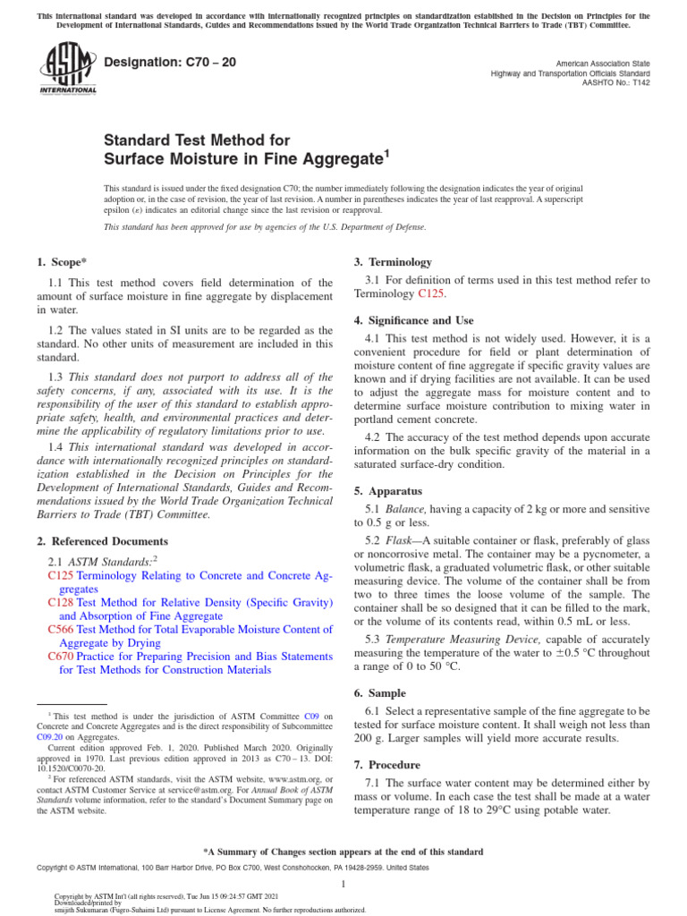 ASTM C70: Surface Moisture in Fine Aggregate | PDF | Volume | Concrete