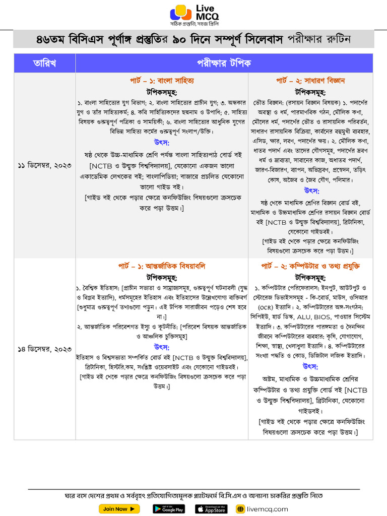 Live MCQ 46th BCS 90 Days Routine Nov23 QUBFoPf | PDF