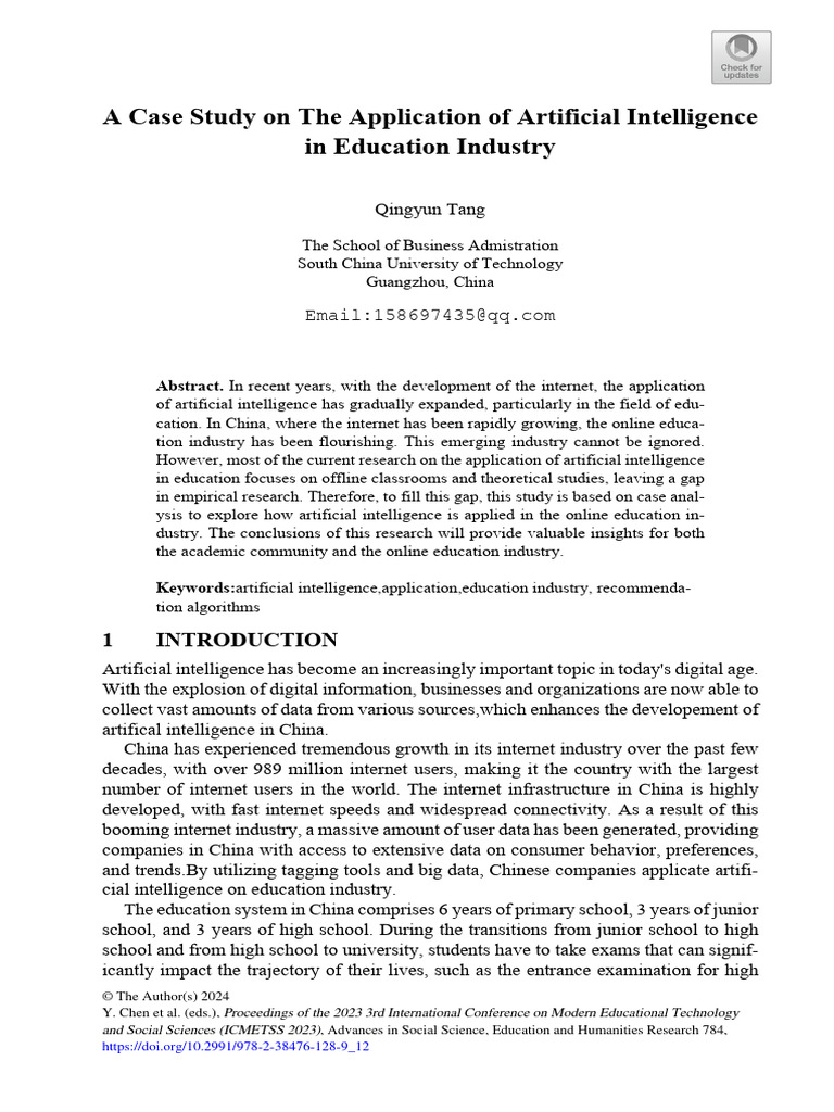 A Case Study On The Application of Artificial Intelligence in Education Industry | PDF ...