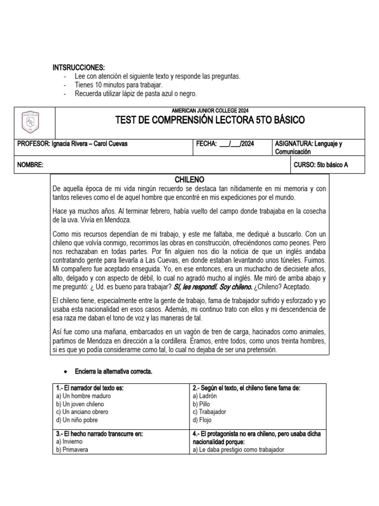 Test 1 Comprensión 5to | PDF