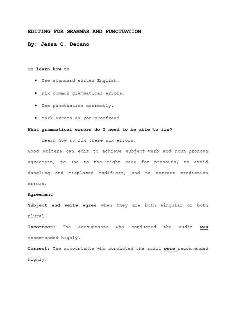 Editing For Grammar and Punctuation | PDF | Comma | Subject (Grammar)