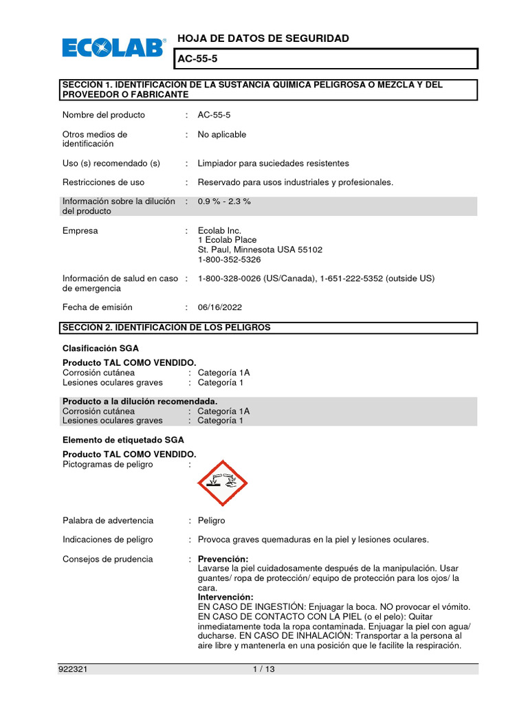 Hoja de Datos de Seguridad AC-55-5 | Descargar gratis PDF | Reciclaje | Residuos
