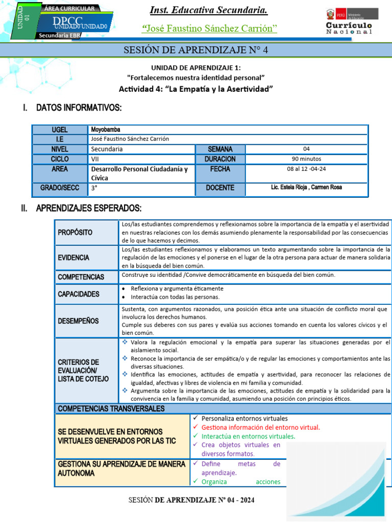 3º Dpcc Ses 4 Uni 1 Sem 04 - 2024 | PDF | Aprendizaje | Empatía