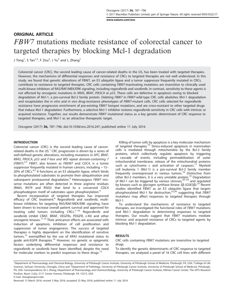 2017 FBW7 Mutations Mediate Resistance | PDF | Apoptosis | Ubiquitin