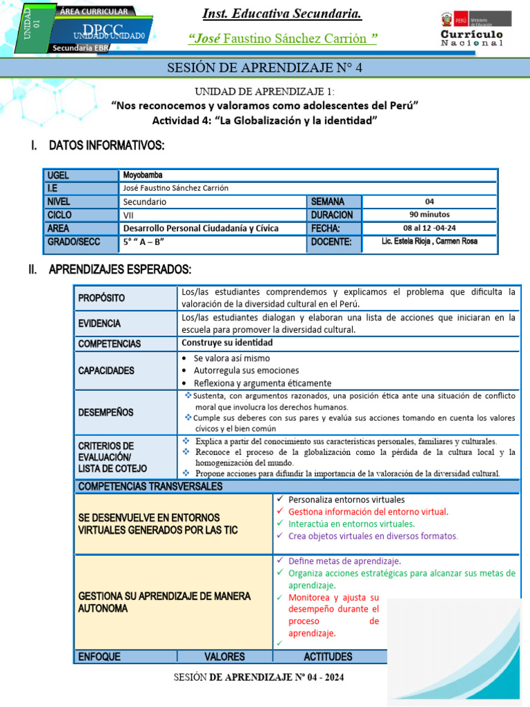 5º Dpcc Ses 3 Uni 1 - 2024 | PDF | Aprendizaje | Maestros
