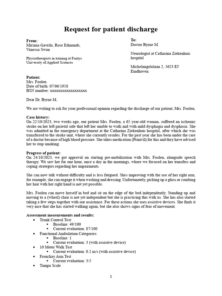 Request For Patient Discharge Physiotherapy Example | PDF | Stroke ...