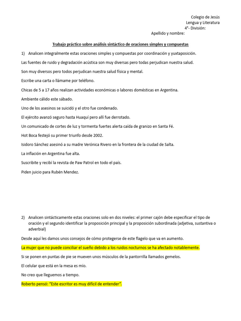 Trabajo Pr-Ctico Sobre An-Lisis Sint-Ctico de Oraciones Simples y Compuestas | PDF | Oración ...