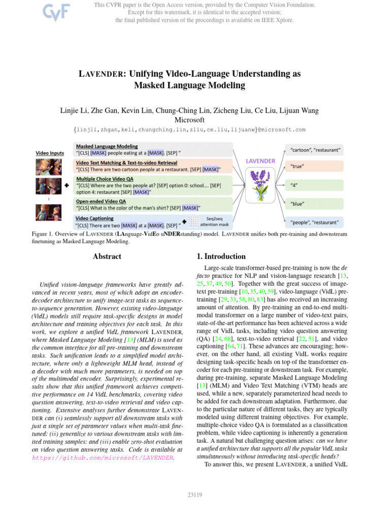 Li LAVENDER Unifying Video-Language Understanding As Masked Language Modeling CVPR 2023 Paper ...
