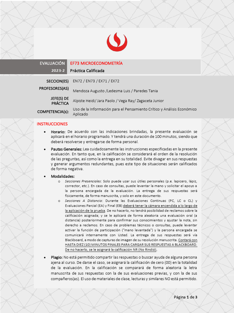 202302_PC1_Microeconometría | PDF | Mínimos cuadrados ordinarios | Econometría