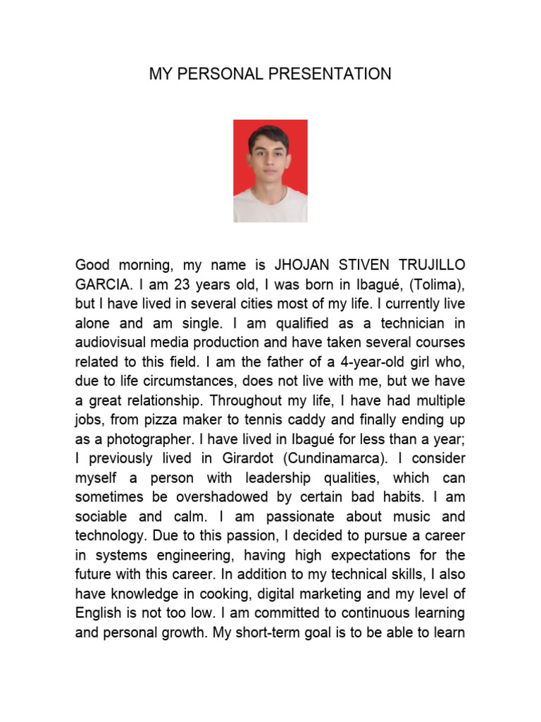 Personal Presentation JHOJAN TRUJILLO | PDF