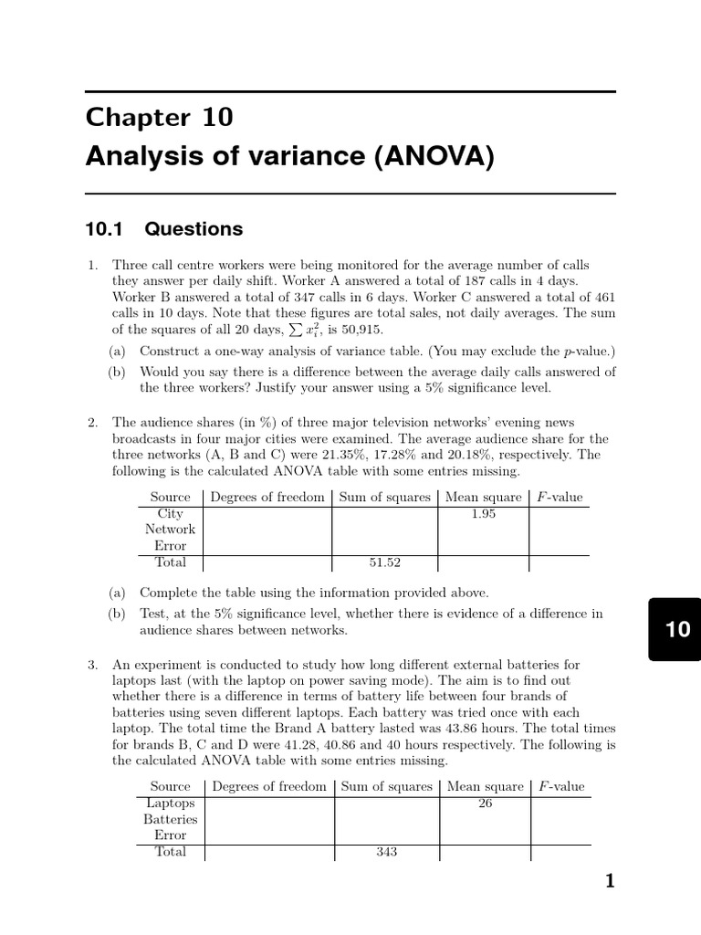 Chapter 10 Sample Exam Questions | PDF | Analysis Of Variance | Probability And Statistics