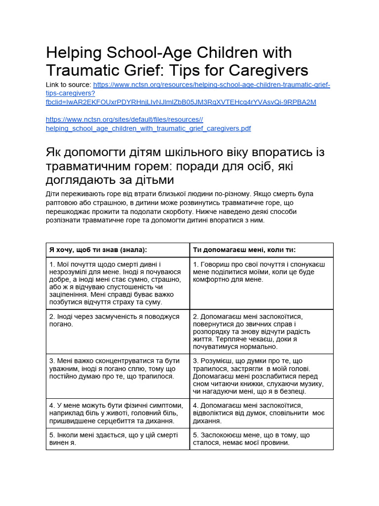 Helping School Age Children With Traumatic Grief Tips For Caregivers | PDF