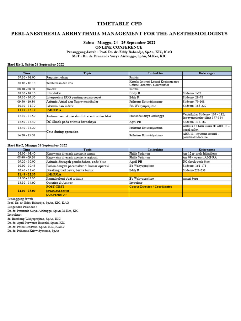 Timetable CPD Peri - Anesthesia Arrhythmia Management KONAS 2022 (3) | PDF
