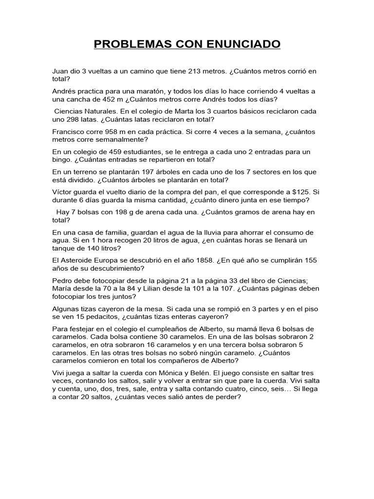 PROBLEMAS CON ENUNCIADO 5 BASICO csj | PDF