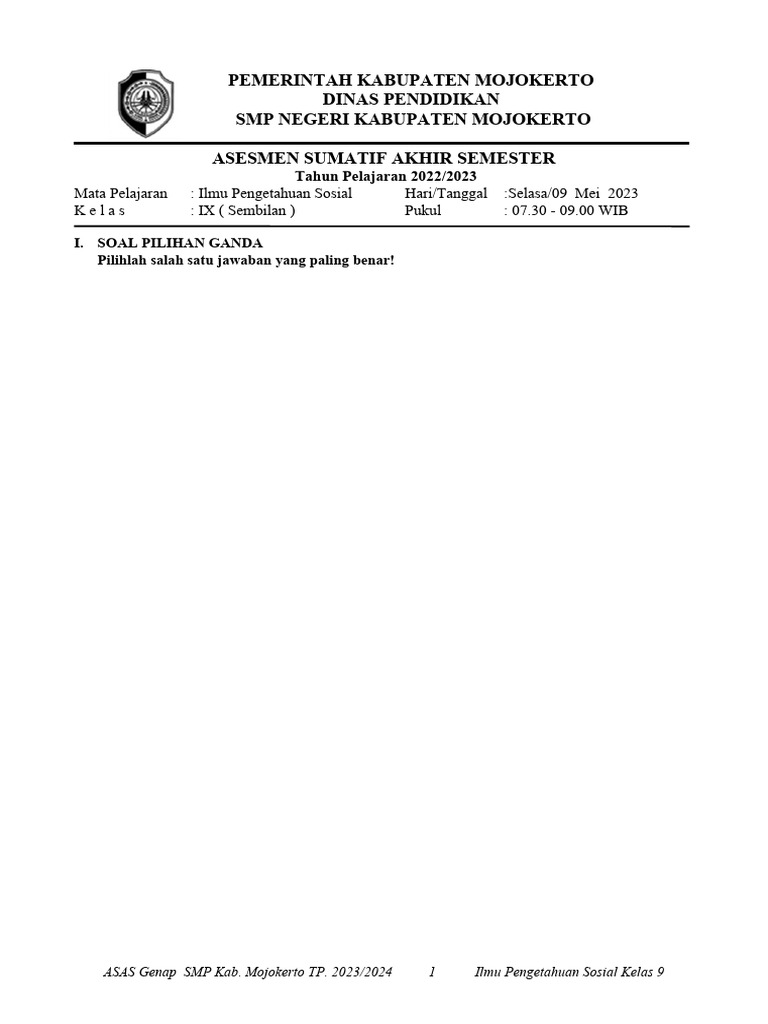 Naskah Soal Asas Ips Kelas 9 TP 22-23 | PDF