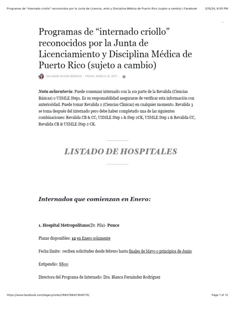 Programas de "Internado Criollo" Reconocidos Por La Junta de Licenciamiento y Disciplina Médica ...