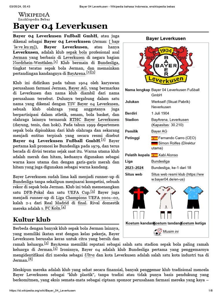 Bayer 04 Leverkusen - Wikipedia Bahasa Indonesia, Ensiklopedia Bebas | PDF