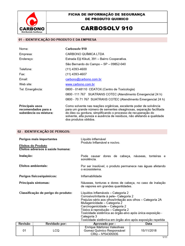FISPQ - CARBOSOLV 910 | Download grátis PDF | Solvente | Química