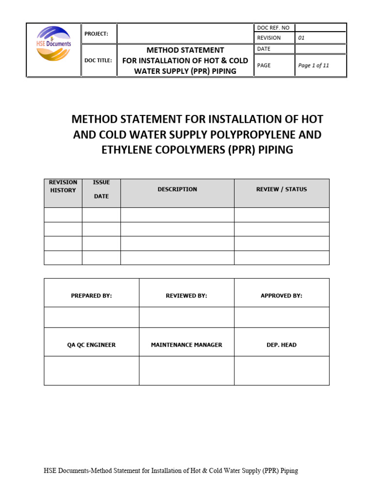 Method Statement for Installation of Hot & Cold Water Supply (PPR) Piping | PDF | Pipe (Fluid ...