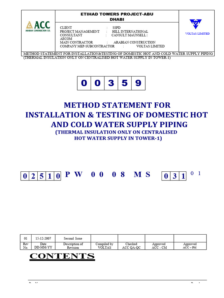 Method Statement for Water Supply Piping | PDF | Water Heating