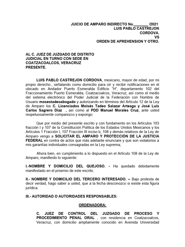Amparo Indirecto contra Orden de Aprehensión | PDF | Violación ...