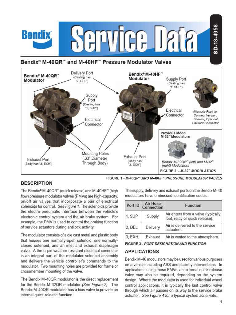298 Bendix Service Data Bendix M 40hf and M 40qr Antilock Modulators SD ...