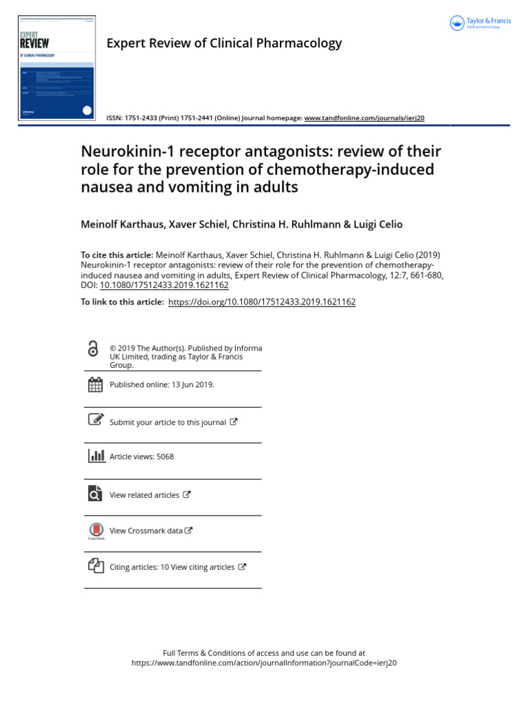 Neurokinin-1 Receptor Antagonists Review of Their Role For The Prevention of Chemotherapy ...